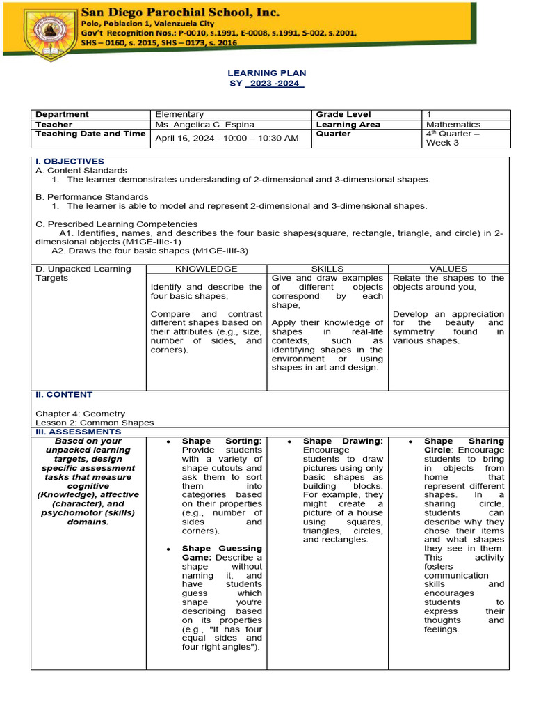 DLP Math 1 Second Grading (Lesson 4) | Download Free PDF | Shape | Learning