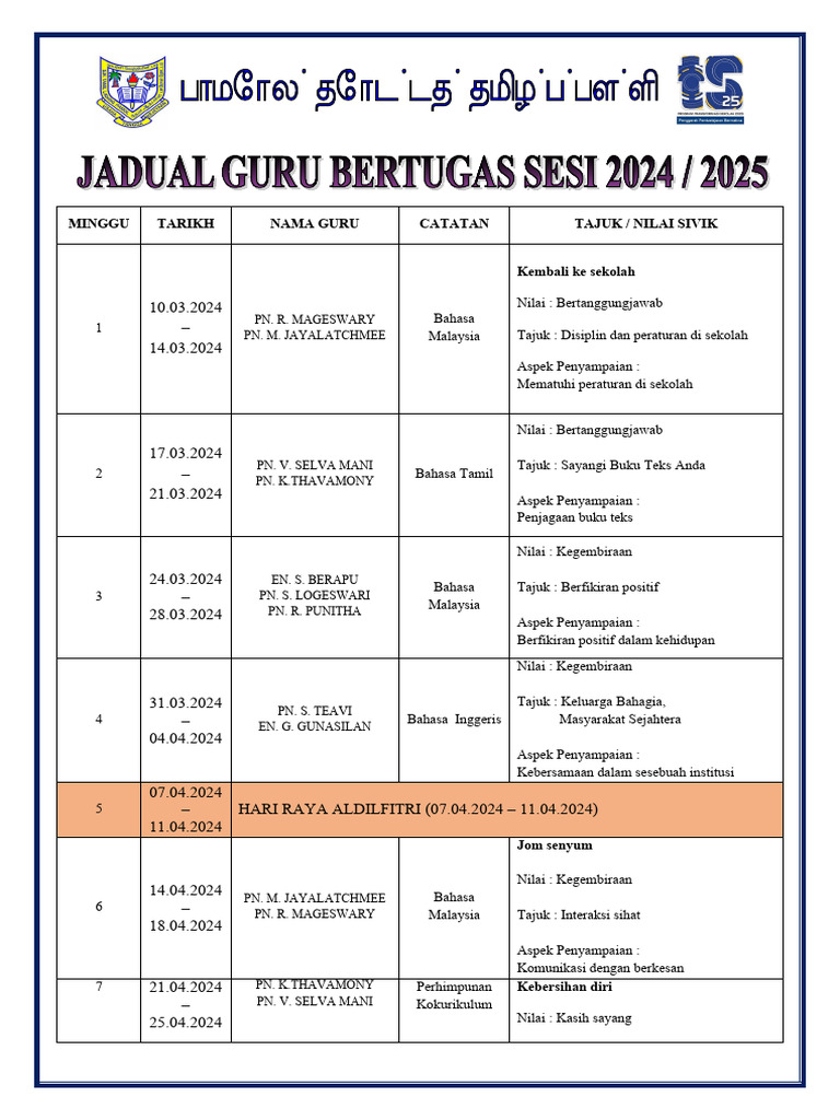 Jadual Bertugas Guru 2024 - 25 1 | PDF