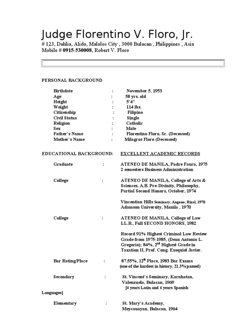 Judge Florentino V. Floro, Jr. Resume | PDF | Judiciary (System Of ...