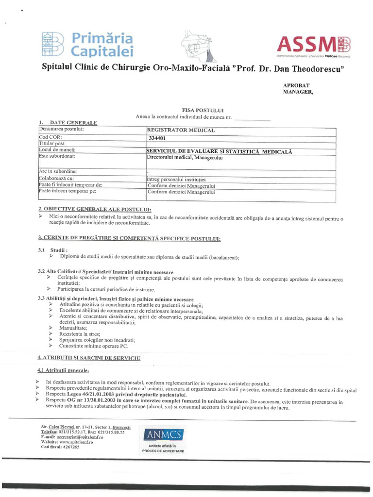 Fisa Postului Registrator Medical | PDF