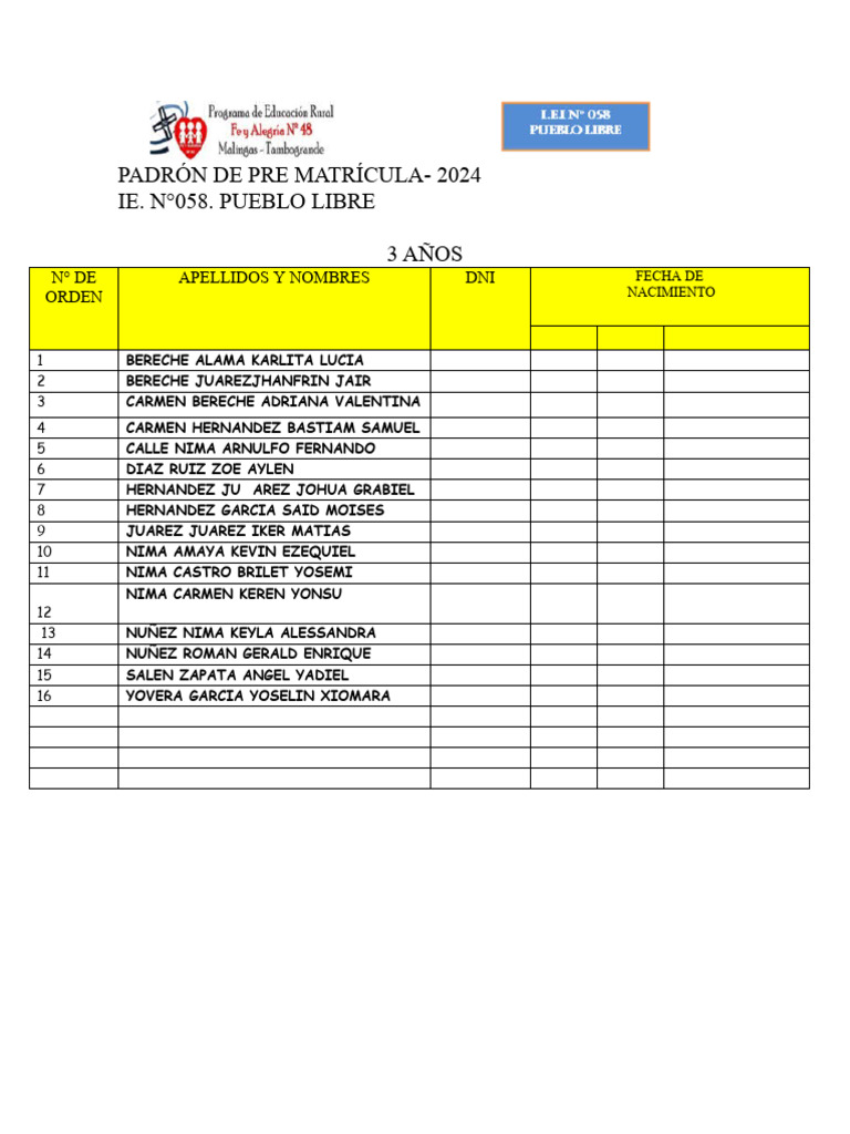 PREMATRICULA I.E.I N°058- PEBLO LIBRE-2024 | PDF