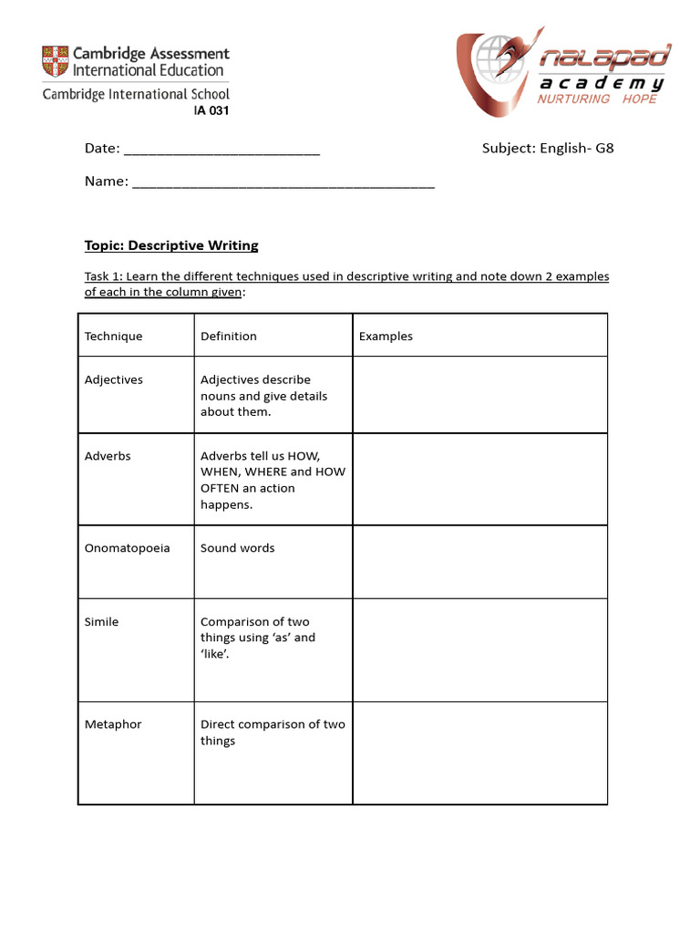 G8 - Descriptive Writing Worksheet | PDF | Adjective | Word
