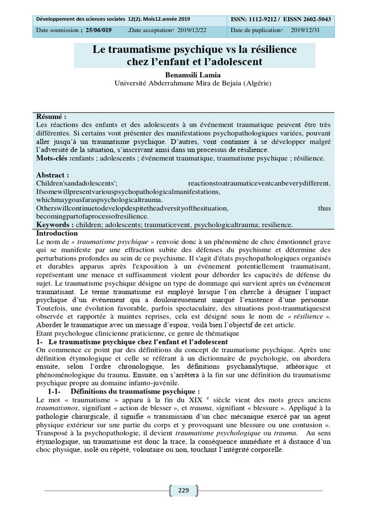 Le Traumatisme Psychique Vs La Résilience Chez L'enfant Et L'adolescent ...