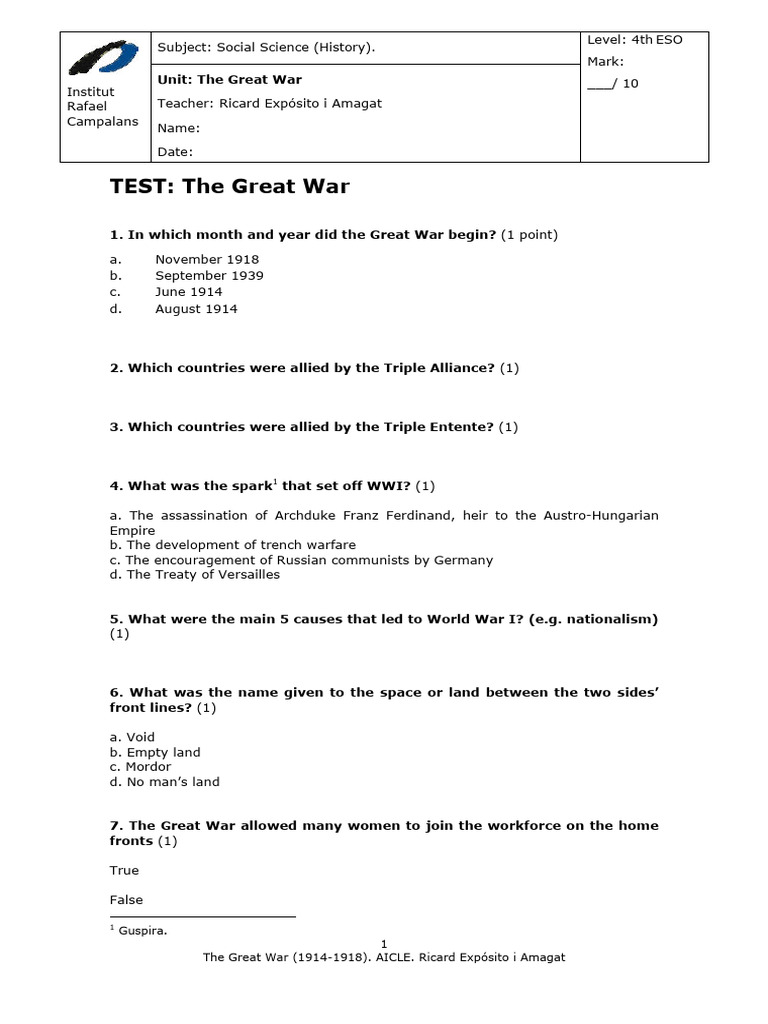 Test 1 Wojna Światowa | PDF | World War I | Allies Of World War I