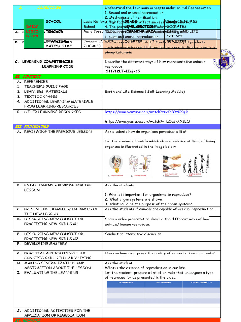 Daily Lesson Log Earth and Life Science For Cot | PDF | Reproduction ...
