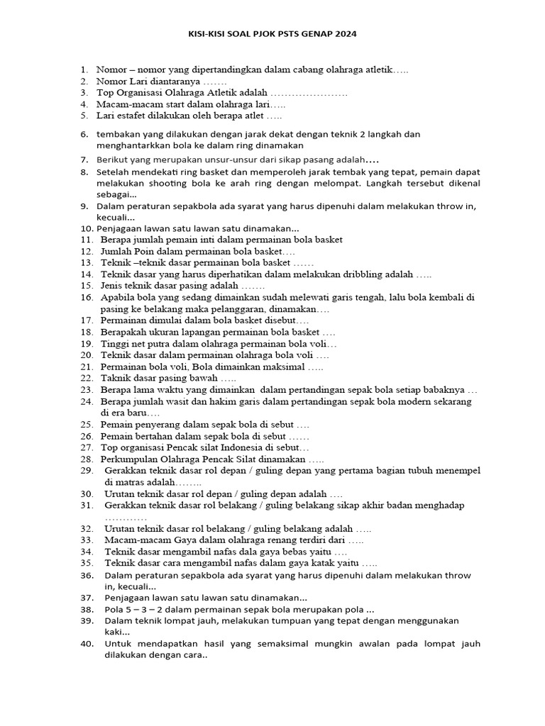 Ksisi - Kisi Soal Pjok Psts Genap 2024 | PDF