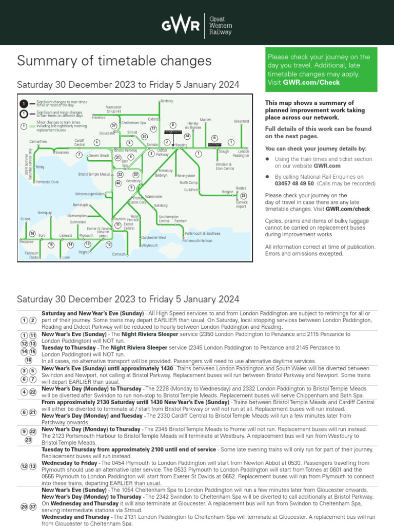 GWR Timetable Changes: Dec 30 - Jan 5 | PDF | Transport | Land Transport