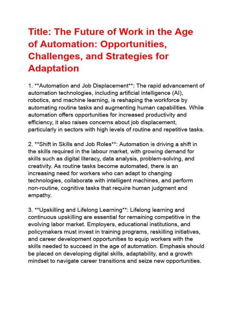 The Future of Work in The Age of Automation - Opportunities, Challenges ...