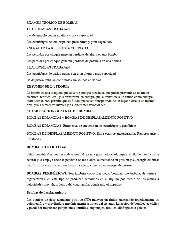 Examen Teorico de Bombas | PDF | Bomba | Pistón