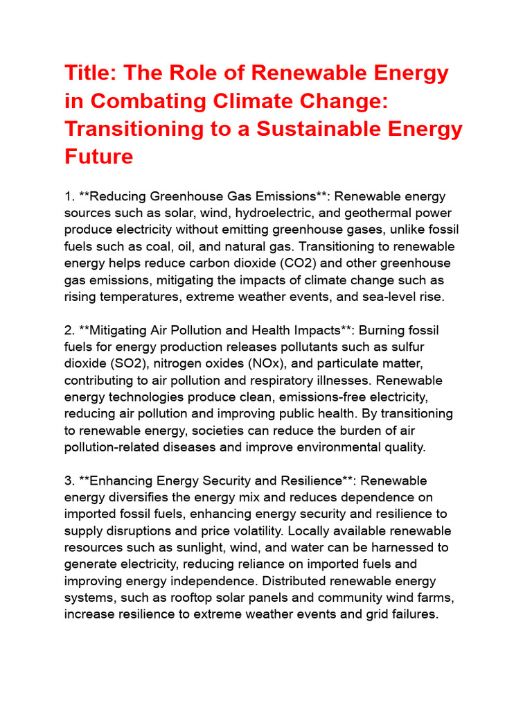 Renewable Energy's Role in Climate Action | PDF | Renewable Energy ...