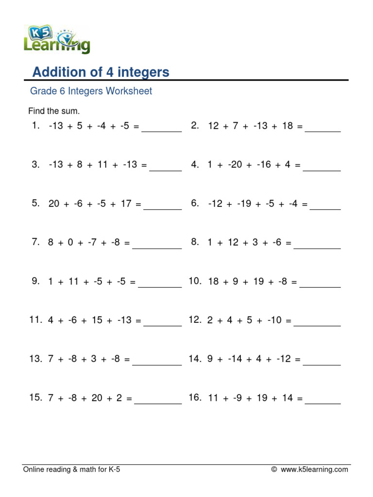 Addition of Integers | PDF