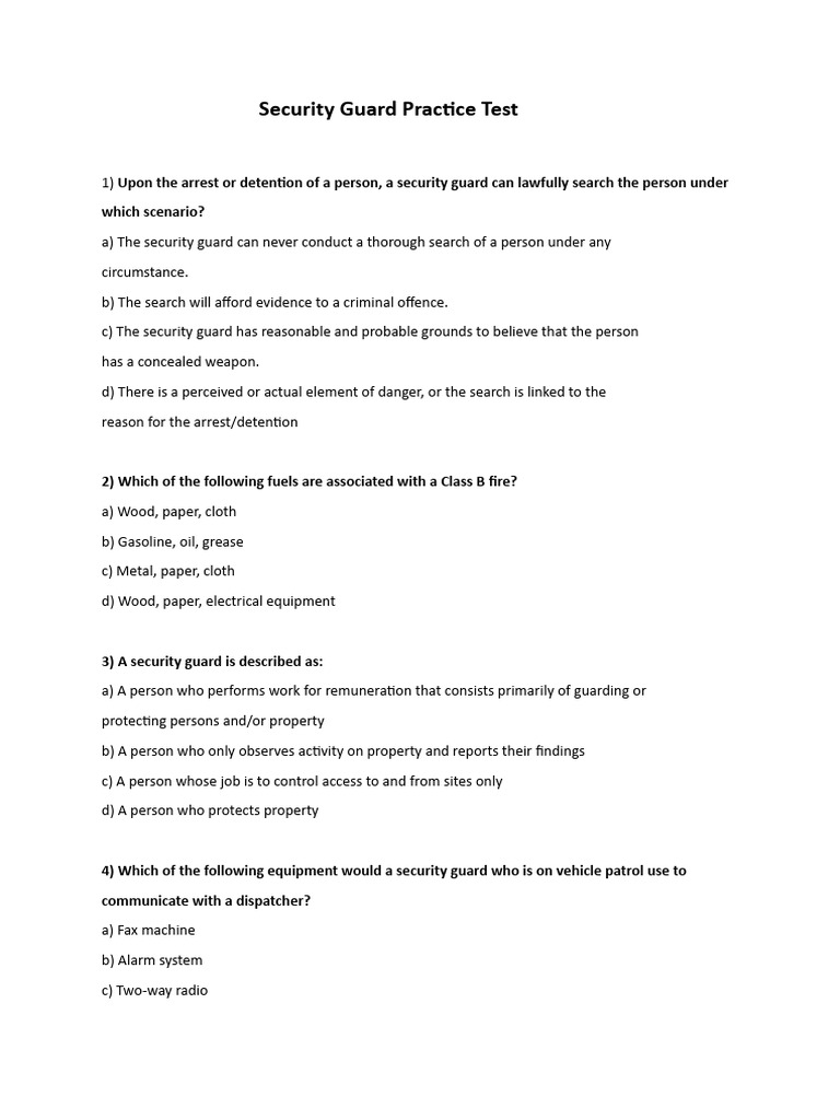 Security Guard Practice Test Questions | PDF | Security Guard ...