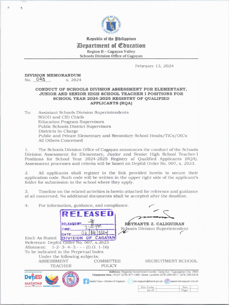 Cag - DVM No. 045 S. 2024 Conduct of Schools Division Assessment For Elem, Jhs and Shs Teacher 1 ...