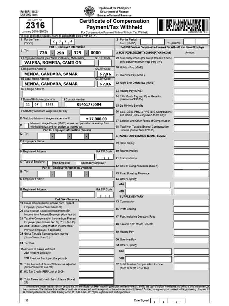 Bir Form 2316 Blank | PDF | Cost Of Living | Employment