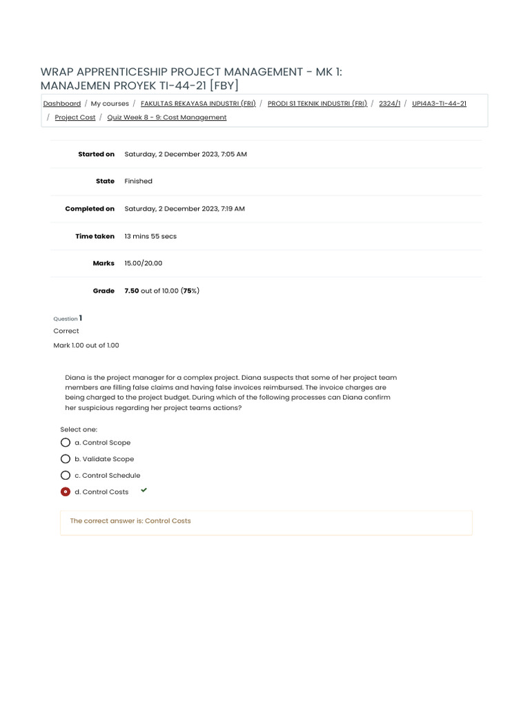 Quiz Week 8 - 9 - Cost Management - Attempt Review | PDF | Depreciation | Business