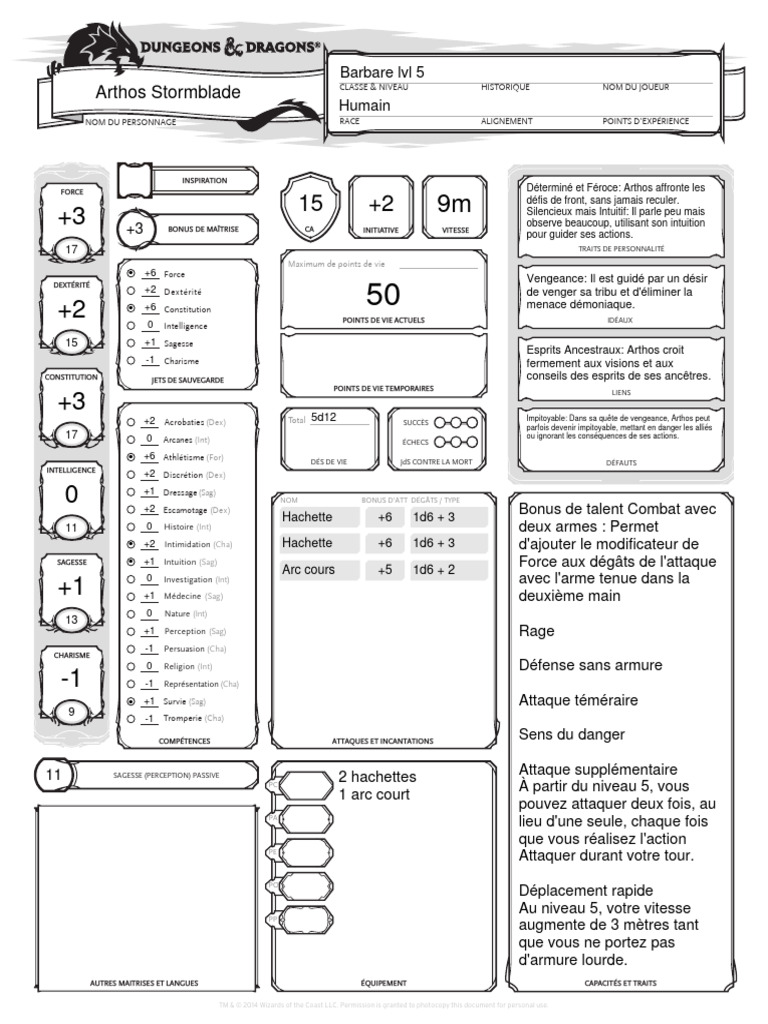 Fiche de personnage : Arthos Stormblade | PDF
