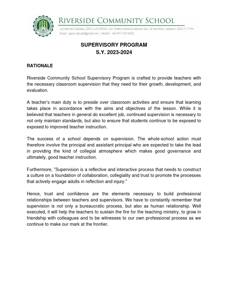 Supervisory Program | PDF | Teachers | Mentorship