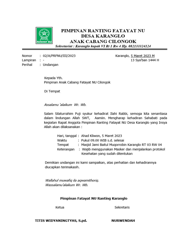 Undangan Rapat Fatayat NU Karanglo | PDF