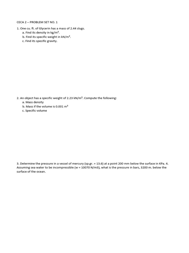 CECA 2 - Problem Set No. 01 To Be Print | PDF | Pressure | Pressure Measurement