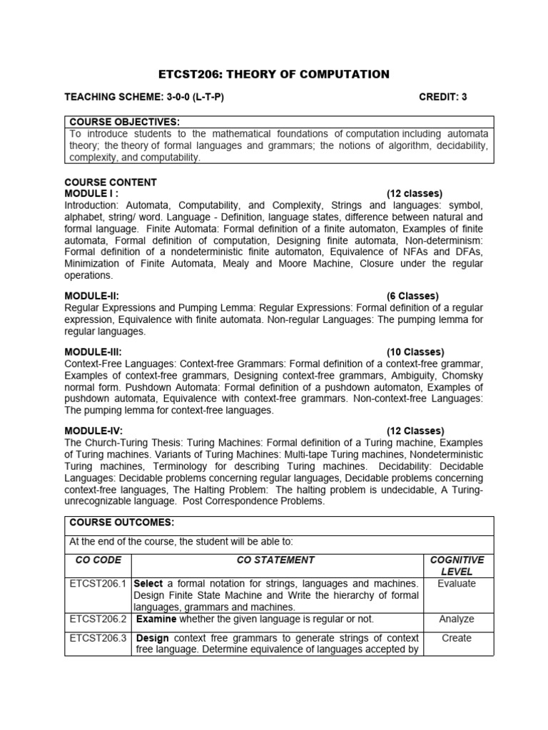 Theory of Computation Syllabus | PDF | Theory Of Computation | Linguistics
