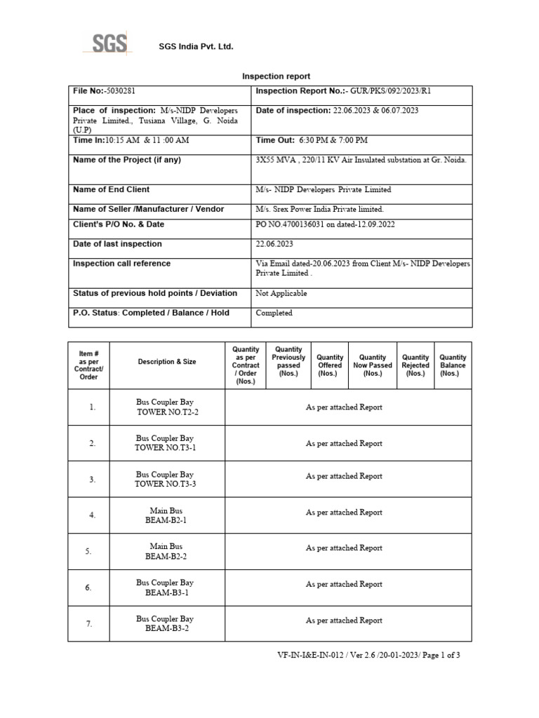 Revised Inspection Report - 06.07.2023 | PDF | Calibration | Nut (Hardware)