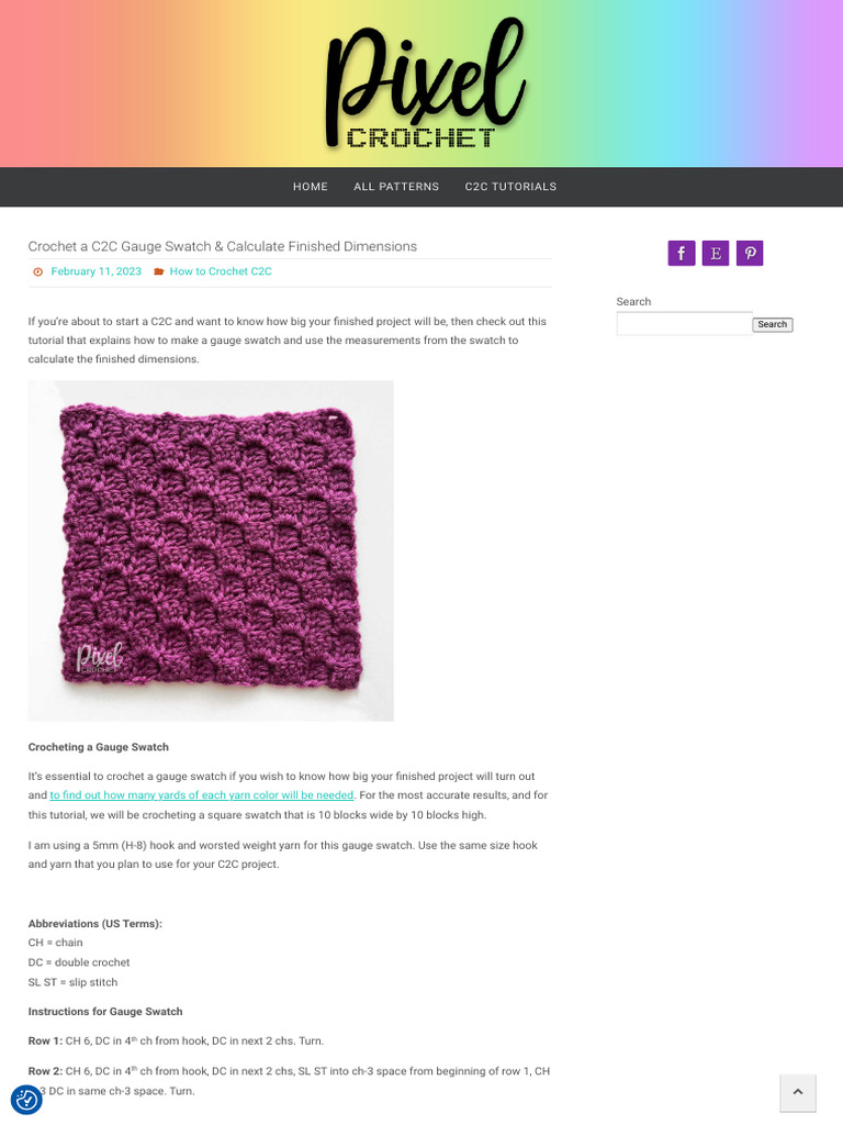 Crochet A C2C Gauge Swatch & Calculate Finished Dimensions: Home All ...