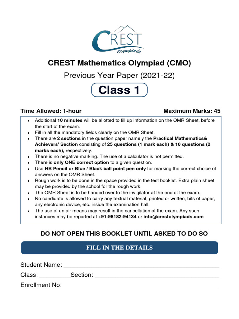 Cmo Previous Year For Class 1 Pdf