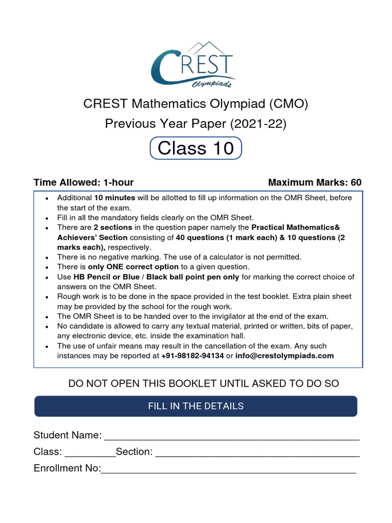 CMO Previous Year For Class 10 | PDF | Mathematics