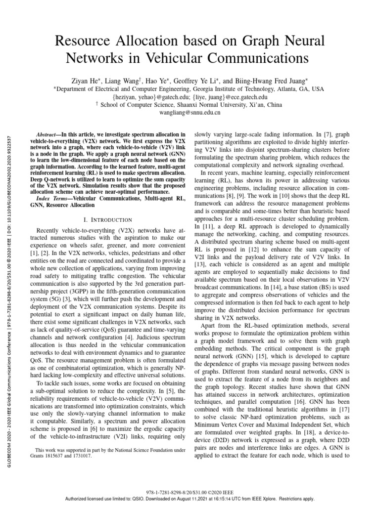 Resource Allocation Based On Graph Neural Networks In Vehicular Communications Pdf