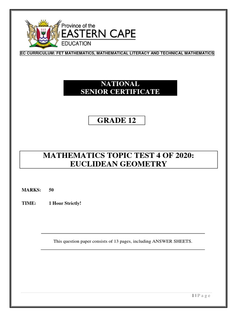 GR 12 Test Euclidean Geometry 2020-1 | PDF | Circle | Perpendicular