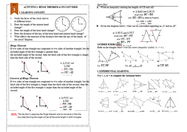 ACTIVITY 3 Hinge Theorem Its Converse | PDF | Triangle | Elementary Mathematics