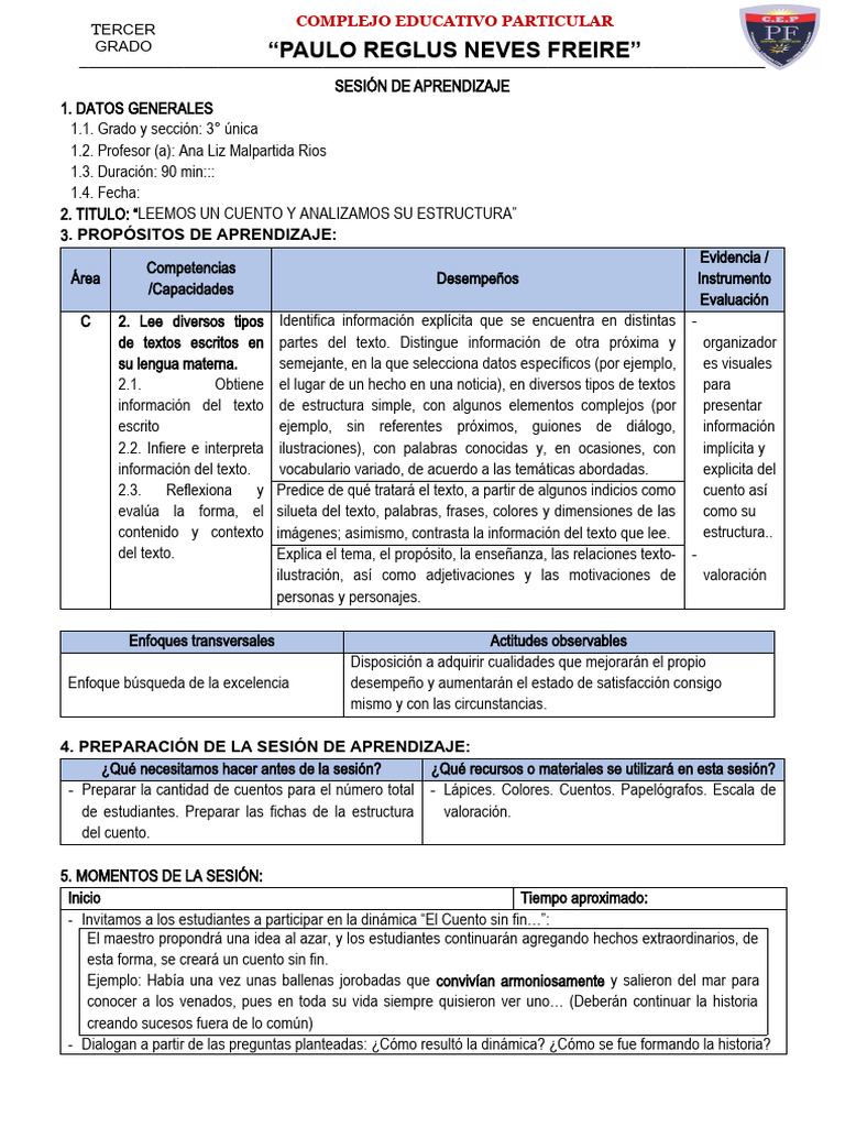 Estructura del Cuento en Tercer Grado | PDF | Aprendizaje | Información