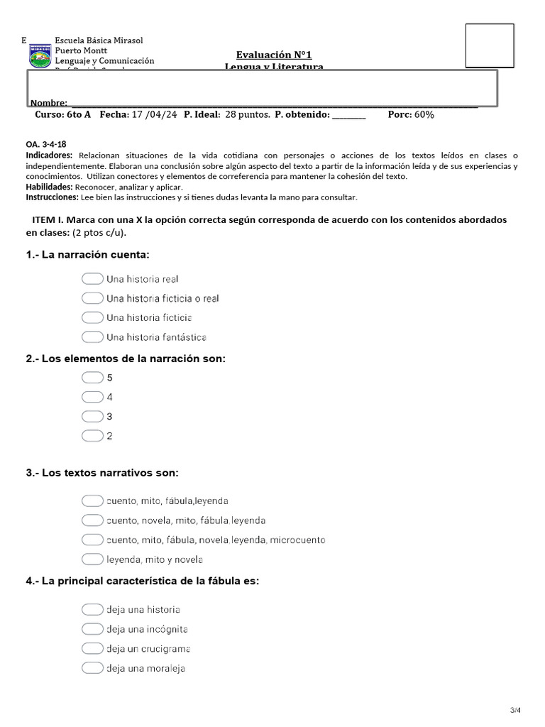 Evaluación Lengua y Literatura 6to A | PDF | Narración