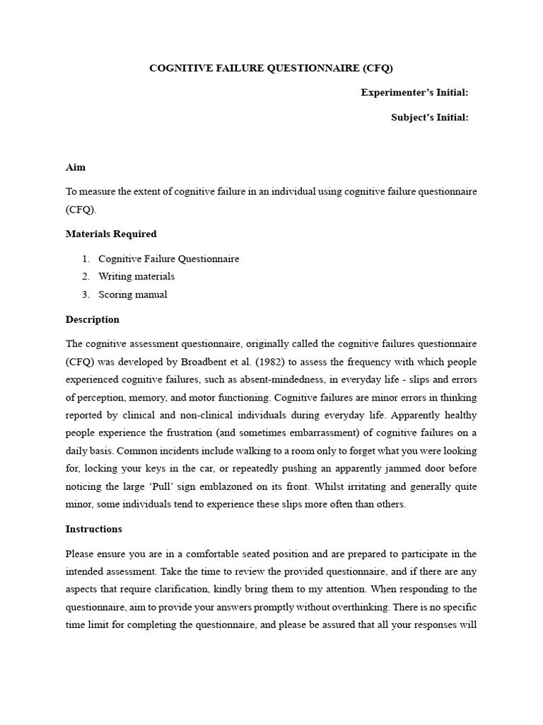 Manual For CFQ | PDF | Cognition | Attention