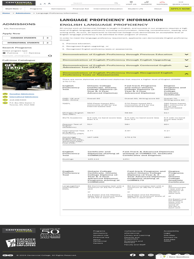 Centennial College - Language Proficiency Information | PDF | Qualifications | Educational Stages