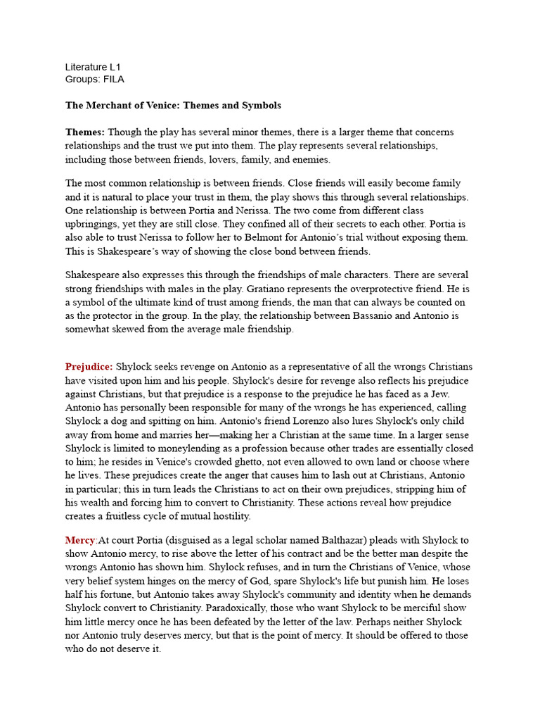The Merchant of Venice - Themes and Symbols FILA | PDF | The Merchant ...