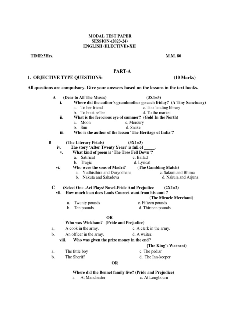 English Elective-Xii Modal Test Paper-2023-24 | PDF
