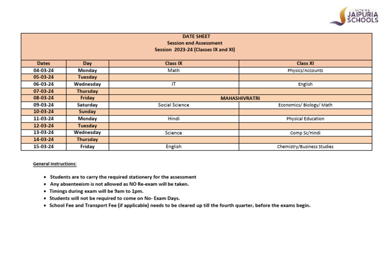 Date Sheet - Class 9-11 - Session End - 2023-24 | PDF