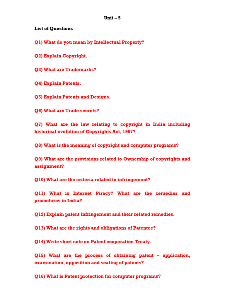 Unit 5 Question Bank | Download Free PDF | Design Patent | Patent