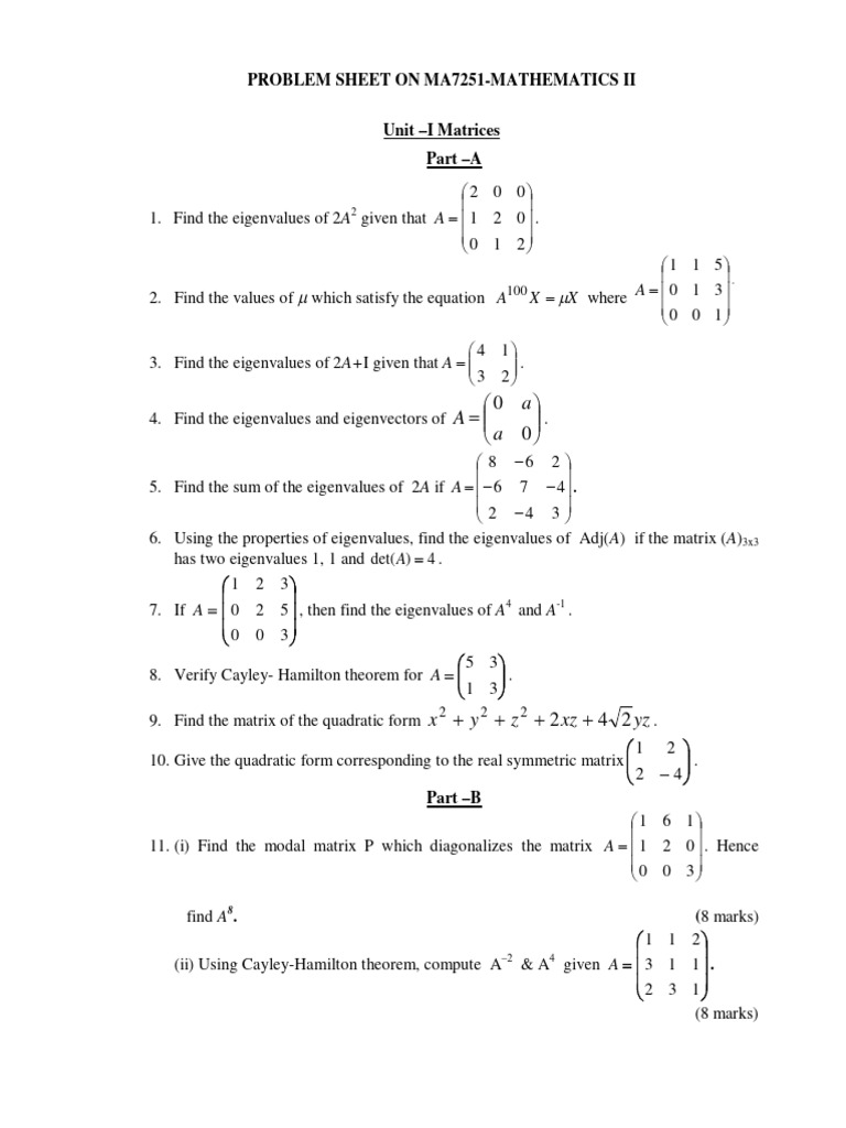 Matrices Problem Sheet | Download Free PDF | Eigenvalues And Eigenvectors | Matrix (Mathematics)