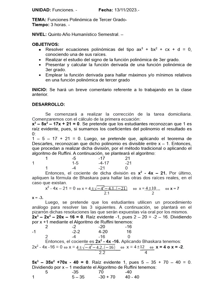 Planificacion Signo y Derivada Funcion Polinomica de Grado 3 13 11 2023 | Descargar gratis PDF ...