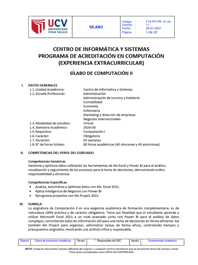 SILABO C2 - CCEE - 2024 (Excel 2021-PBI-Project 2021) | PDF | Microsoft ...