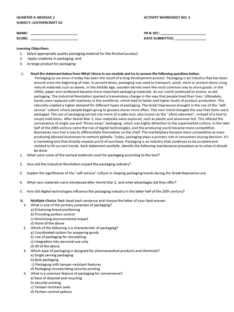 LC 10 Quarter4 Activity Worksheet 1 2 | PDF | Packaging And Labeling | Authentication