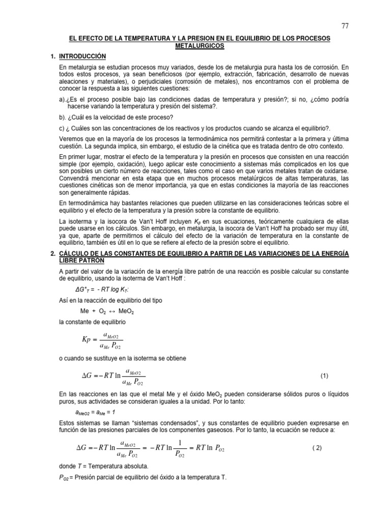 El Efecto de La Temperatura Y La Presion en El Equilibrio de Los Procesos Metalurgicos 1 ...