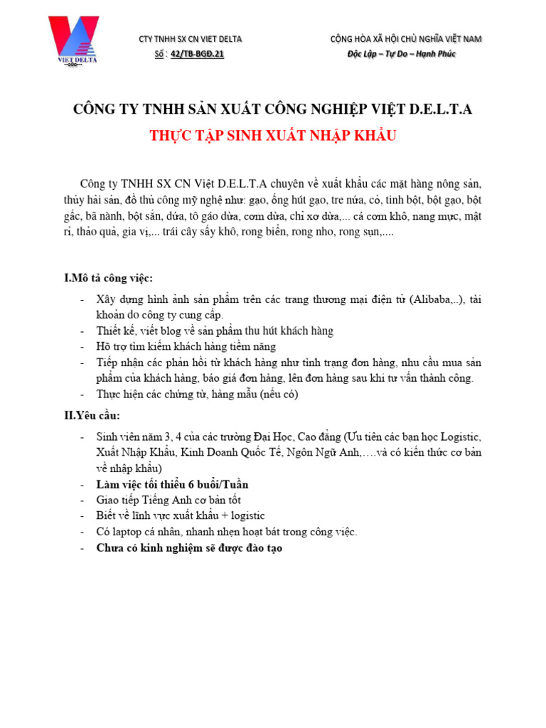 JD THỰC TẬP SINH XNK | PDF