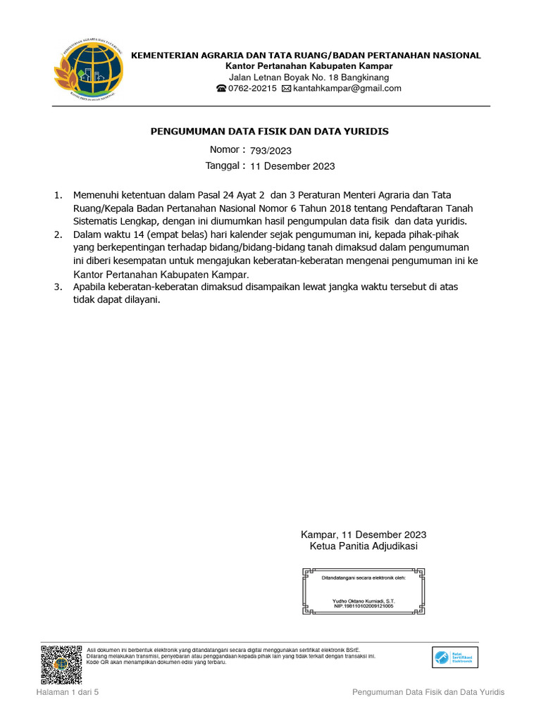 793/2023 11 Desember 2023: Pengumuman Data Fisik Dan Data Yuridis | PDF