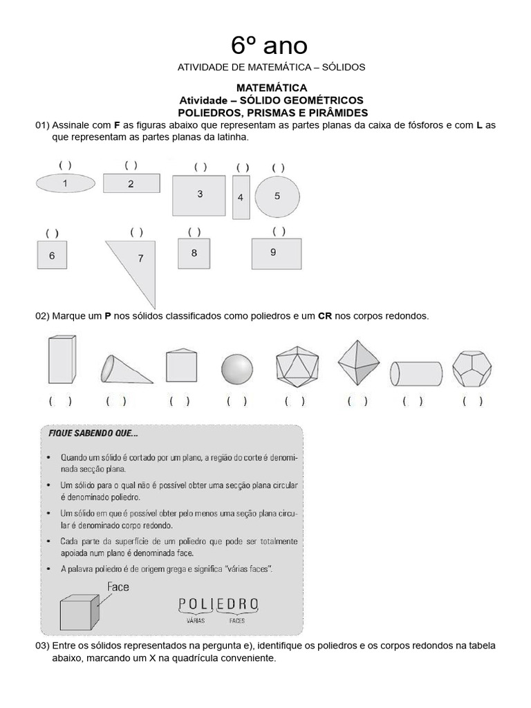 Atividade de Sólidos Geométricos 6º Ano | PDF | Vértice (Geometria ...