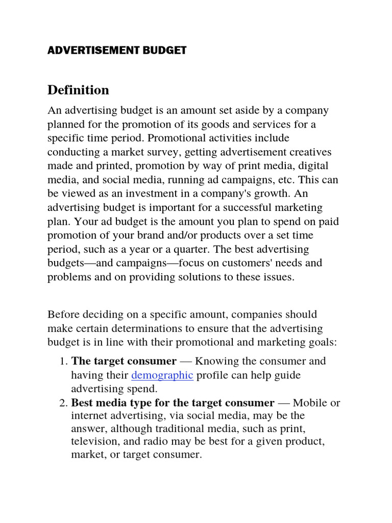 ADVERTISEMENT BUDGET | PDF | Advertising | Market Segmentation