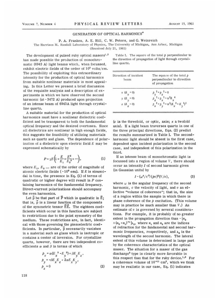 Generation of Optical Harmonics | PDF | Nonlinear Optics | Optics