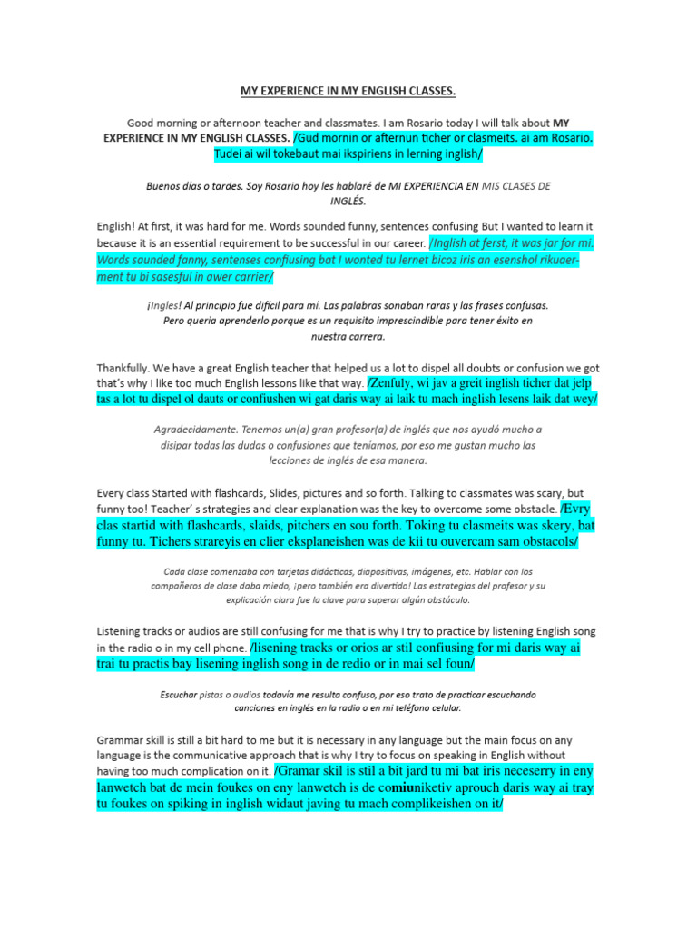 My Experience in My English Classes | PDF